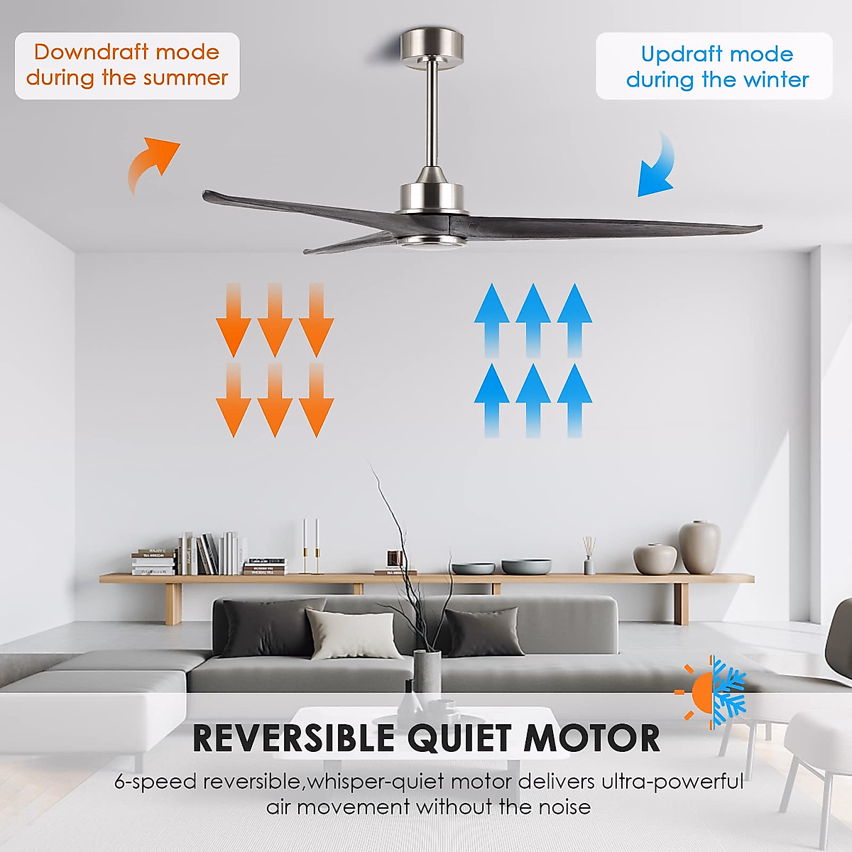 WINGBO 60 Inch DC Ceiling Fan without Lights, 3 Reversible Carved Solid Wood Blades, 6-Speed Noiseless DC Motor, Ceiling Fan No Light with Remote, Brushed Nickel Finish with Gray Blades