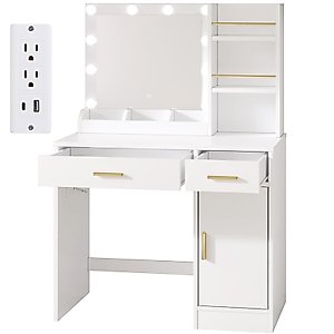 AMERLIFE 35.5" Make up Vanity Desk with Mirror and Lights, Vanity with Lights 3 Models Settings & Power Outlet, Vanity Desk with 2 Drawers, 1 Cabinets, Shelves, Makeup Vanity for Bedroom, White