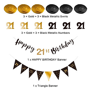 21st Birthday Decoration Kit, Happy 21st Birthday Banner Bunting Swirls Streamers, Triangle Flag Banner for Birthday Party Decorations Supplies Black and Gold 21st