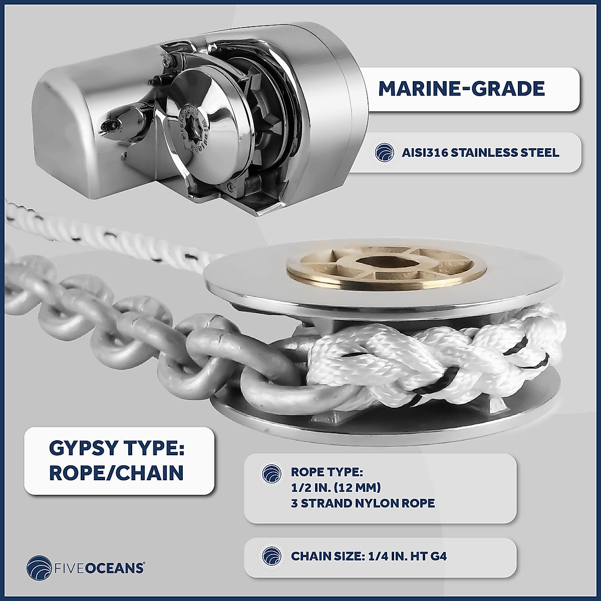 Five Oceans Horizontal Windlass Anchor System, Windlass Atlantic 600 Watts, 12V DC, Max Limit Pulling Power 1200 Lb, Solenoid, 60A Circuit Breaker, Up/Down Foot Switch and Rocker Switch - FO3930