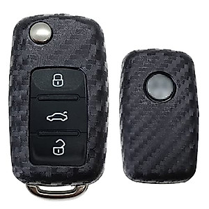 iJDMTOY Carbon Fiber Pattern Soft Silicone Key Fob Cover Case Compatible with Volkswagen Golf GTI R32 Jetta Rabbit Passat Beetle Polo Bora CC EOS Flip Key