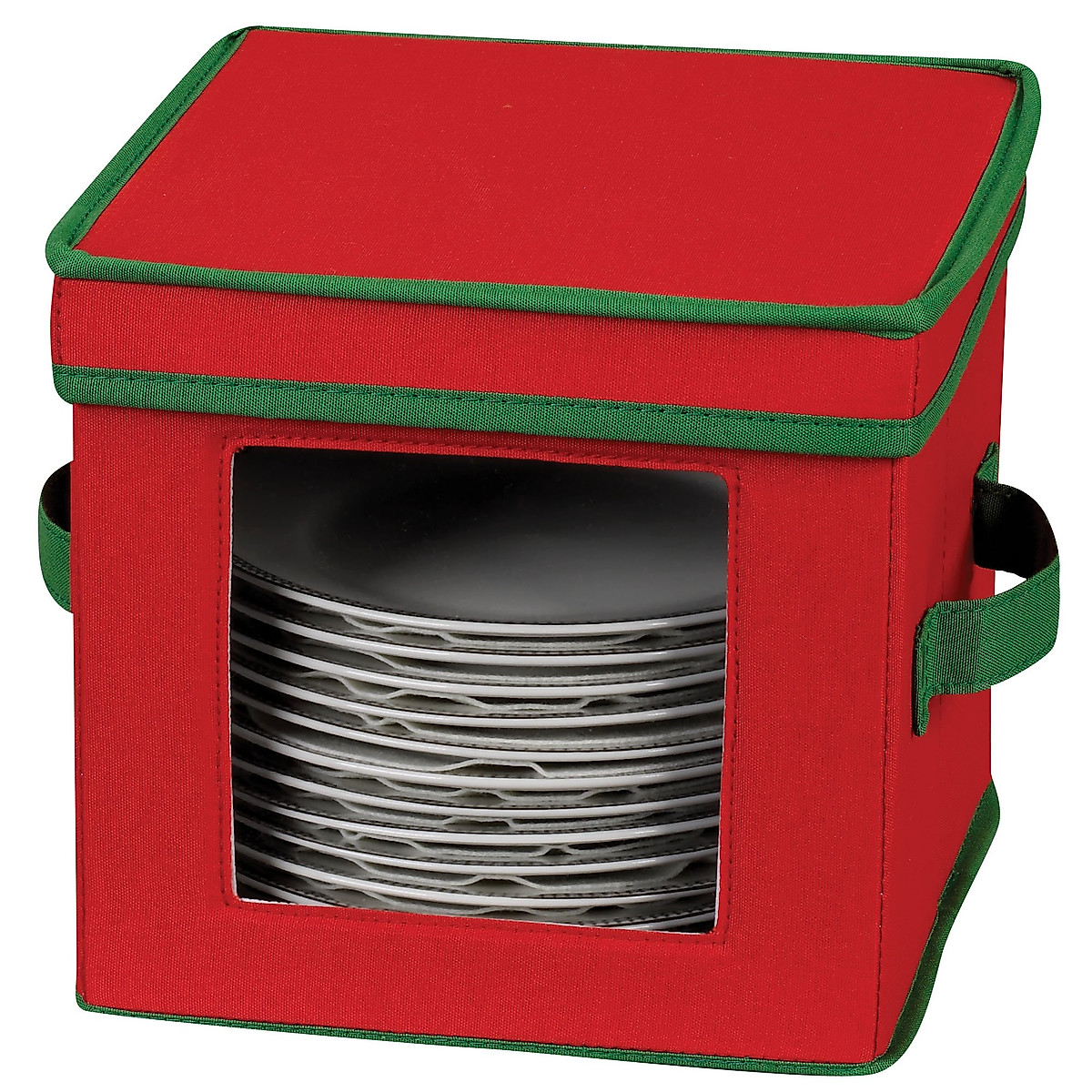 Household Essentials 532RED Holiday China Dinnerware Storage for Dessert Plates or Bowls | Removable Lid | Red Canvas with Green Trim, Red & Green