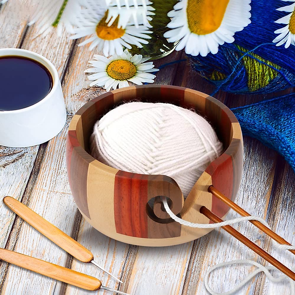 LucyPhy Wooden Yarn Bowl 6.7 x 3.2inch Handmade Craft Knitting Bowl Wool Storage Basket with Carved Holes & Drills for DIY Knitting Crocheting Accessories(Mixed Color)