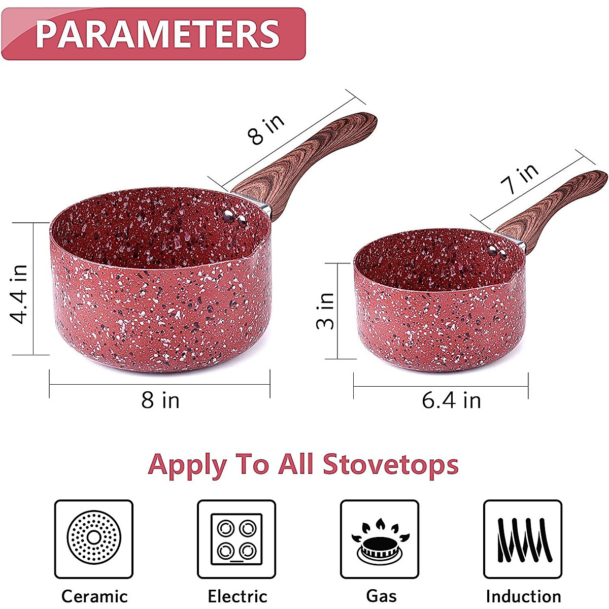 KOCH SYSTEME CS Nonstick Saucepan Set with Lid - 1.5 Quart & 3 Quart Stone Derived Coating Sauce Pan with Pour Spouts, Milk Pan & Pot with Bakelite Handle, PFOA PFOS Free, Red
