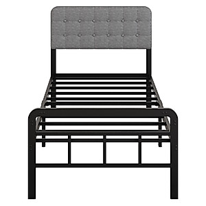 Cieemine Twin XL Bed Frame with Upholstered Headboard and Metal Footboard 14 Inch, XL Twin Platform Bed Frame with Strong Metal Slats Support, Grey, Under Bed Storage, Noise Free, Easy Assembly