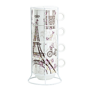 Grace Teaware Stackable Coffee Tea Mug 10-Ounce Set of 4 with White Metal Stand (Paris Eiffel Tower Pink Gold)