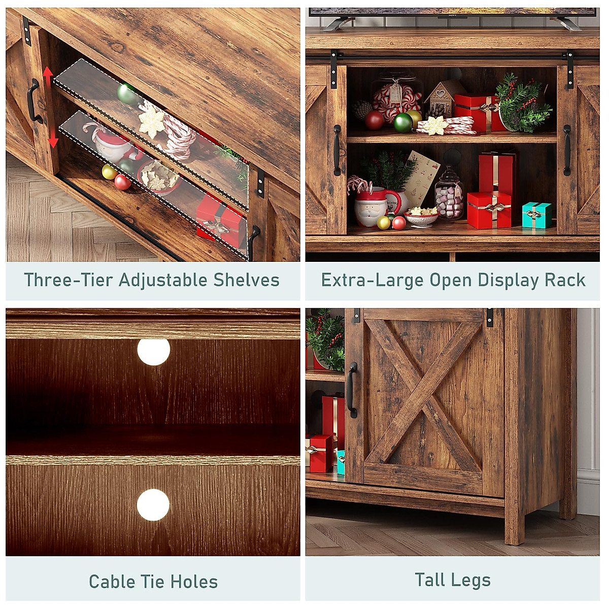 Elibeauty Farmhouse TV Stand for 55-65in TV with Adjustable Shelves & Sliding Barn Door - Rustic, Wooden Entertainment Center & Media Cabinet for Bedroom, Living Room (Dark Brown, 58in)