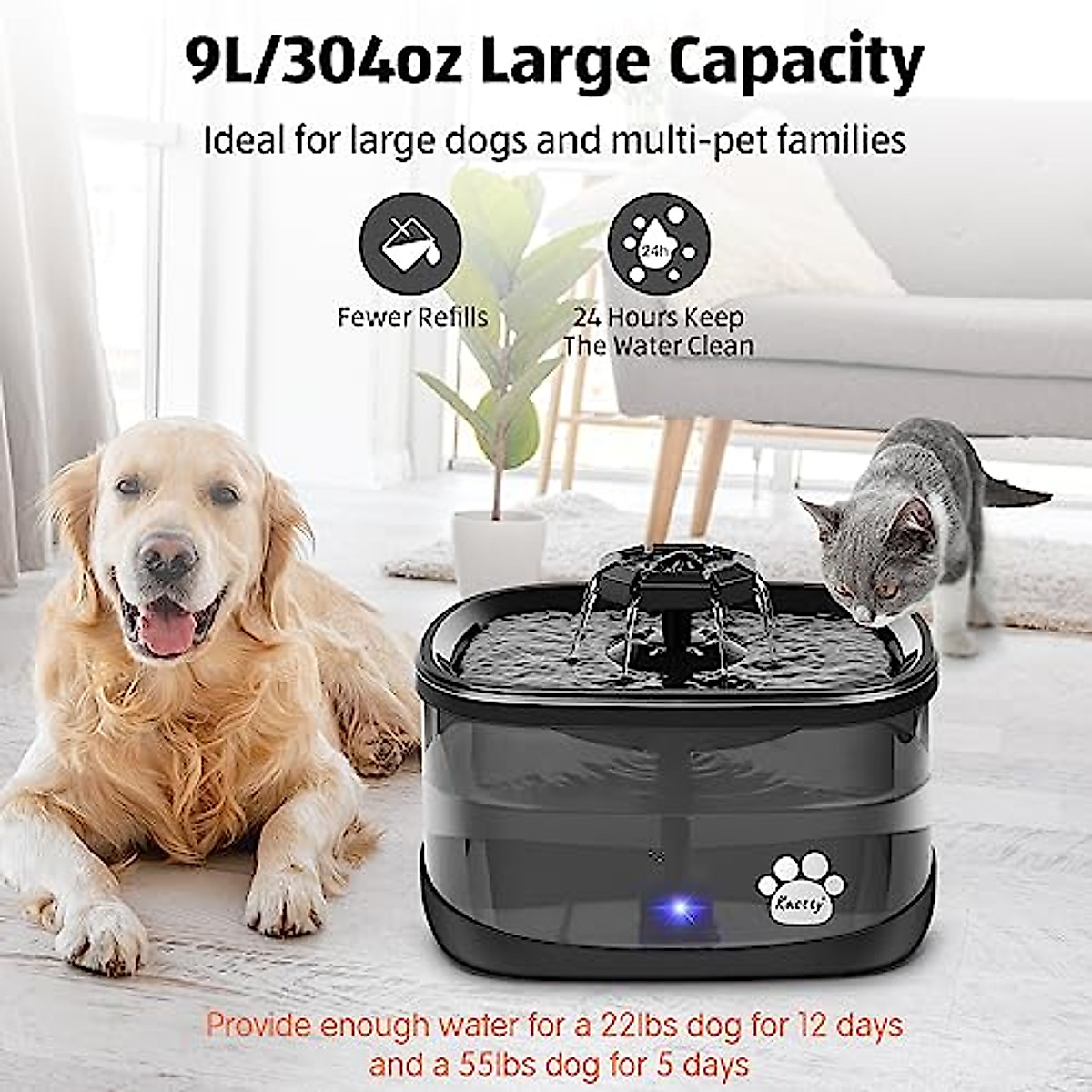 Kastty 300oz/9L Dog Water Fountain Extra Large Automatic Pet Water Dispenser with 3 Flow Modes& XL Larger Filter& Smart LED Pump, BPA-Free, Quiet, Perfect for Large Dogs and Multiple Pet Families