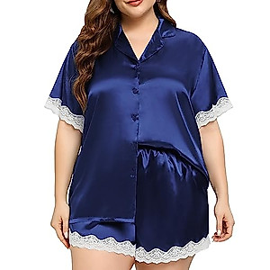 SWOMOG Women Plus Size Pajama Set Silk Satin Lounge Set Short Sleeve 2 Pcs Ladies Pj Sets Button Down Lace Trim Sleepwear with Shorts Navy Blue