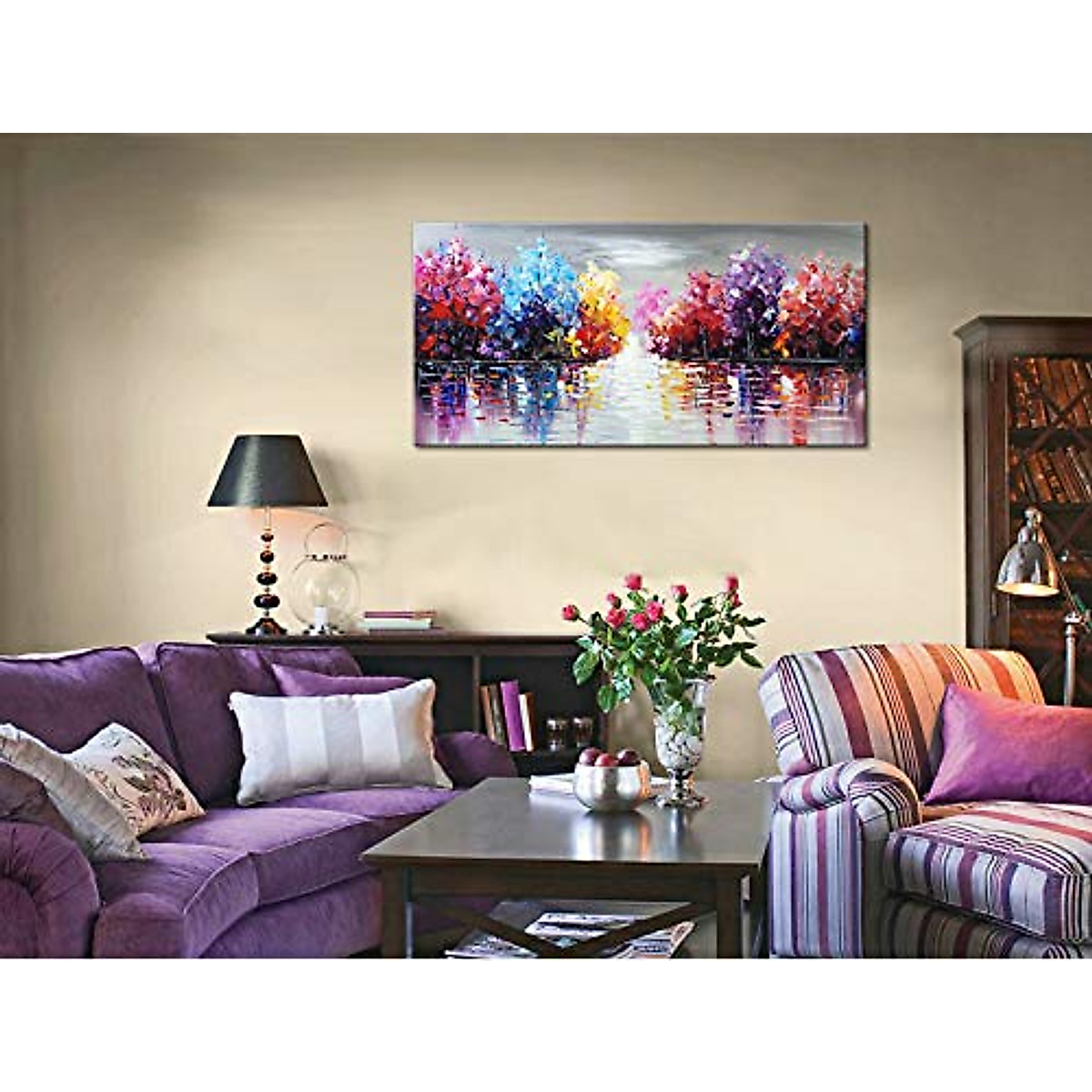 Hand Painted Lake Landscape Canvas Wall Art with Colorful Tree Thick Texture Oil Painting Abstract Artwork (48 x 24 inch)