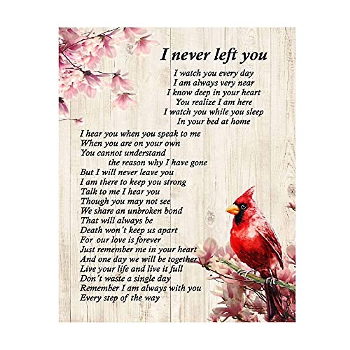 "I Never Left You"-Inspirational Christian Wall Art-11 x 14" Floral Memorial Print w/Red Cardinal Image-Ready to Frame. Home-Office-Spiritual Decor. Great Gift of Remembrance! Printed on Photo Paper.