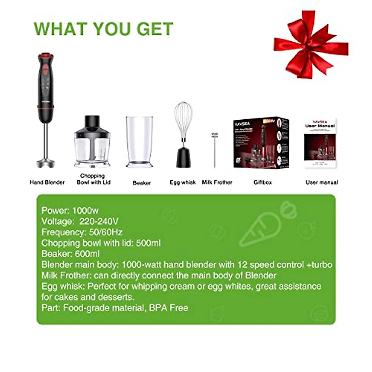 Vavsea Immersion Hand Blender, 12-Speed Multi-Function Handheld Stick Blender with Stainless Steel Blades, Chopper, Beaker, Whisk and Milk Frother for Baby Food/Smoothies/Puree, BPA Free