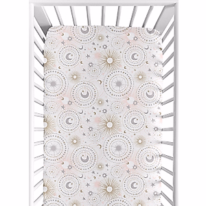 Sweet Jojo Designs Star and Moon Girl Jersey Stretch Knit Baby Fitted Crib Sheet for Soft Toddler Bed Nursery - Blush Pink, Gold, and Grey Celestial