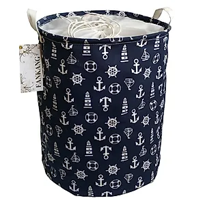 FANKANG Storage Basket, Nursery Hamper Canvas Laundry Basket Foldable with Waterproof PE Coating Large Storage Baskets for Kids Boys and Girls, Office, Bedroom, Clothes,Toys（navy anchor）
