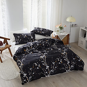 ARYURBU Floral Duvet Cover Set Queen Size with 2 Pillowcases Black, Flower Branch Printed Design, Lightweight Soft Microfiber Comforter Cover Bedding Set 3pcs with Zipper Closure and Corner Ties