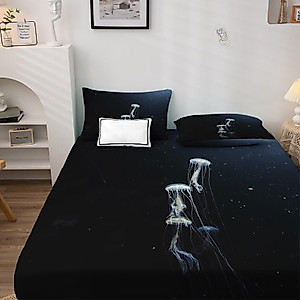 Jellyfish Sheets Full Size, Marine Life Bed Sheets, Patterned Bedding Sheets & Pillowcases 4 Piece Set - Soft Microfiber Deep Pocket Fitted Sheet & Flat Sheet & 2 Pillow Cases K2-&-76