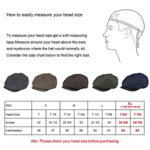 BOTVELA Men's 8 Panel Wool Blend Newsboy Flat Cap Herringbone Tweed Hat (Black, 7 3/8)