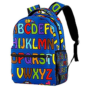 Colorful Alphabet Pattern Blue Lightweight School Classic Backpack Travel Rucksack for Women Teens