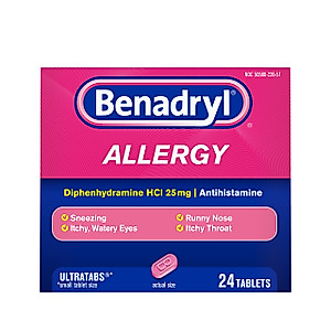 Benadryl Ultratabs Antihistamine Allergy Relief Tablets, Diphenhydramine HCl 25mg, 24 Count (Pack of 2)