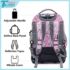 NEW TILAMI Unicorn Rolling Backpack for Kids, 18 Inches Adjustable Laptop Backpack with Wheels for Girls to School Travel Camping Boys Rolling Backpack