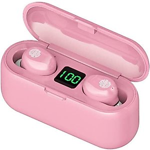 eDealz Fully Wireless Bluetooth 5.0 Rechargeable IPX7 Waterproof Earbud Headphones w Microphone, 2000mAh USB Smart Dual Charging Case/Stand Surround Stereo Bass and Passive Noise Cancelling (Pink)