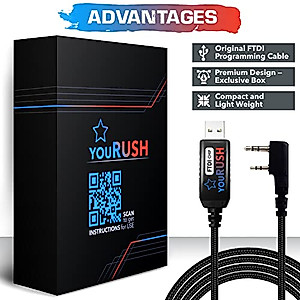 youRUSH Chirp Premium FTDI USB Programming Cable 1m Black Compatible with Baofeng Ham Radio UV-5R BF-F8HP GT-3TP BF-888S UV-82 UV-S9Plus and for Kenwood Radios with K Plug 2 pin. Easy Plug & Play