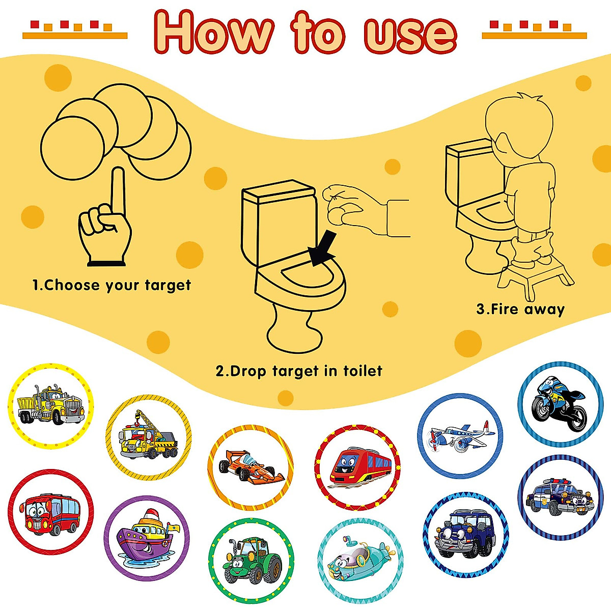 120 Pcs Toilet Targets for Boys Potty Training Flushable Targets Boys Training Pee Targets Color Aiming Targets Stickers Paper Tinkle Targets for Boys Training Safe to Use Potty(Transportation Style)