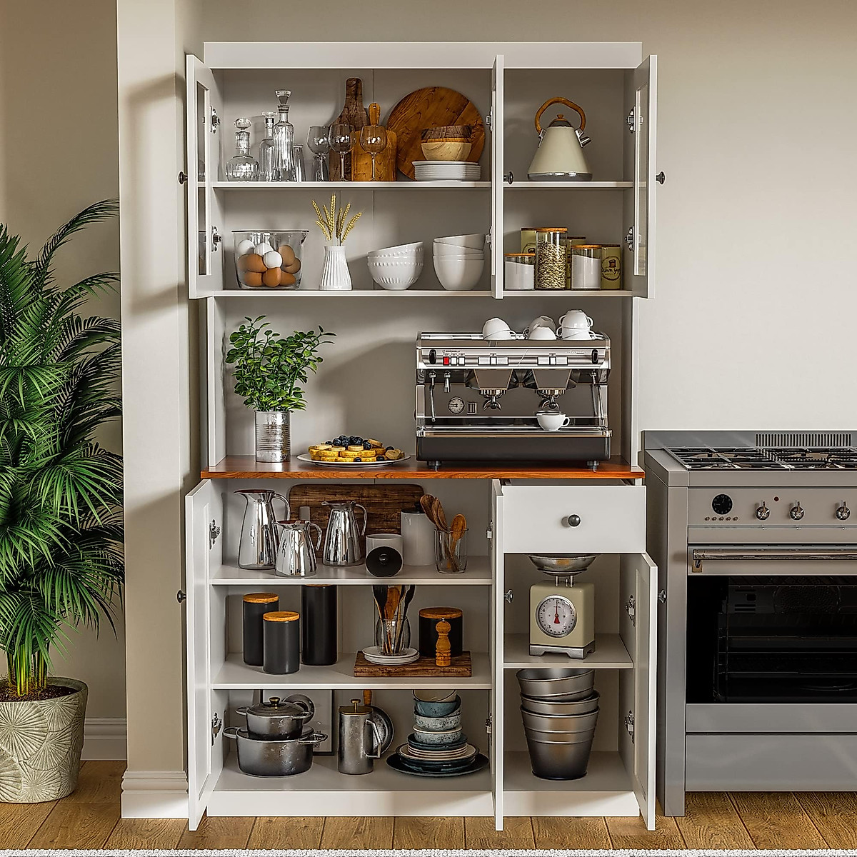 Cozy Castle Tall Kitchen Pantry Cabinet with Microwave Shelf, Modern Large Freestanding Sideboard Cupboard Kitchen Hutch Cabinet with Storage Countertop and Drawer for Dining Room, Living Room, White