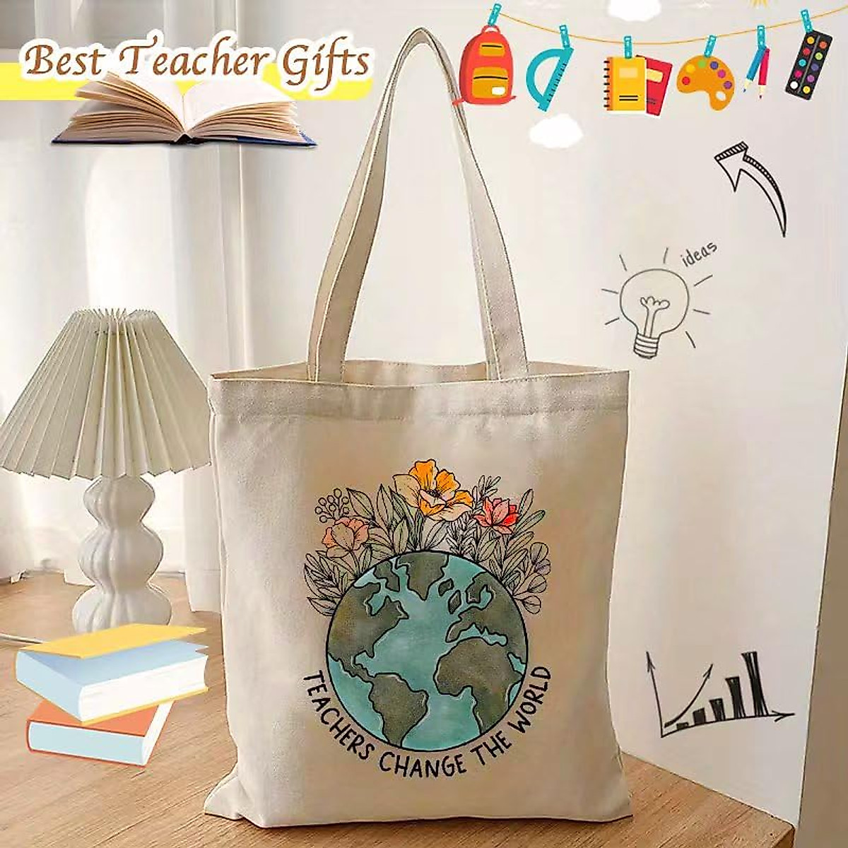 Earth and Flowers Canvas Tote Bag - Teacher Gifts for Women, Cute and Durable Shoulder Bag for Daily Use, Ideal for Beach Trips, Grocery Shopping, and Teacher Appreciation Gifts