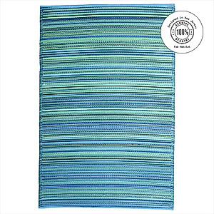 Fab Habitat Outdoor Rug - Waterproof, Fade Resistant, Crease-Free - Premium Recycled Plastic - Striped - Patio, Porch, Deck, Balcony, Sunroom - Cancun - Turquoise & Moss Green - 5 x 8 ft