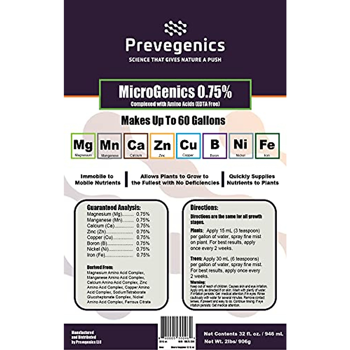 MicroGenics 0.75% | Contains .75% Magnesium.75% Manganese.75% Zinc.75% Copper.75% Boron.75% Nickel and .75% Iron | Liquid Fertilizer | Makes up to 60 Gallons | 32 fl. oz.