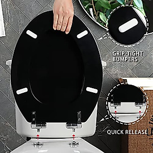 Angel Shield Toilet Seat with Zinc Alloy Hinges Quiet-Close Quick-Release Wood Molded UV Lid Easy Clean(Elongated,Black)