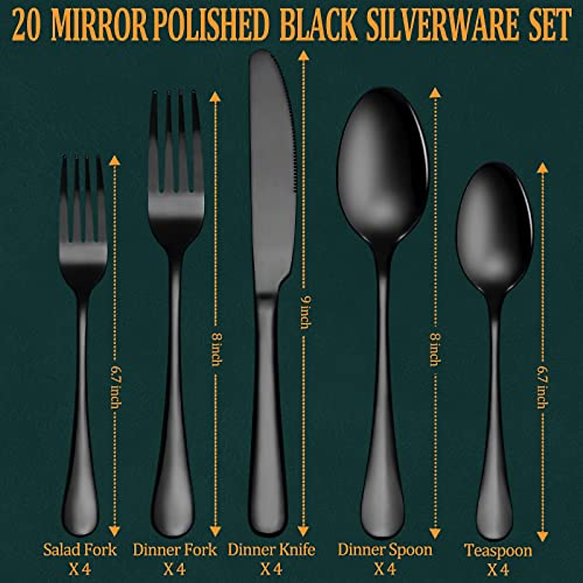20 Pcs Black Silverware Set, Stainless Steel Flatware Set for 4, Food-Grade Cutlery Set, Mirror Polished Tableware Eating Utensils Set for Home Kitchen, Include Knife Fork Spoon Set, Dishwasher Safe