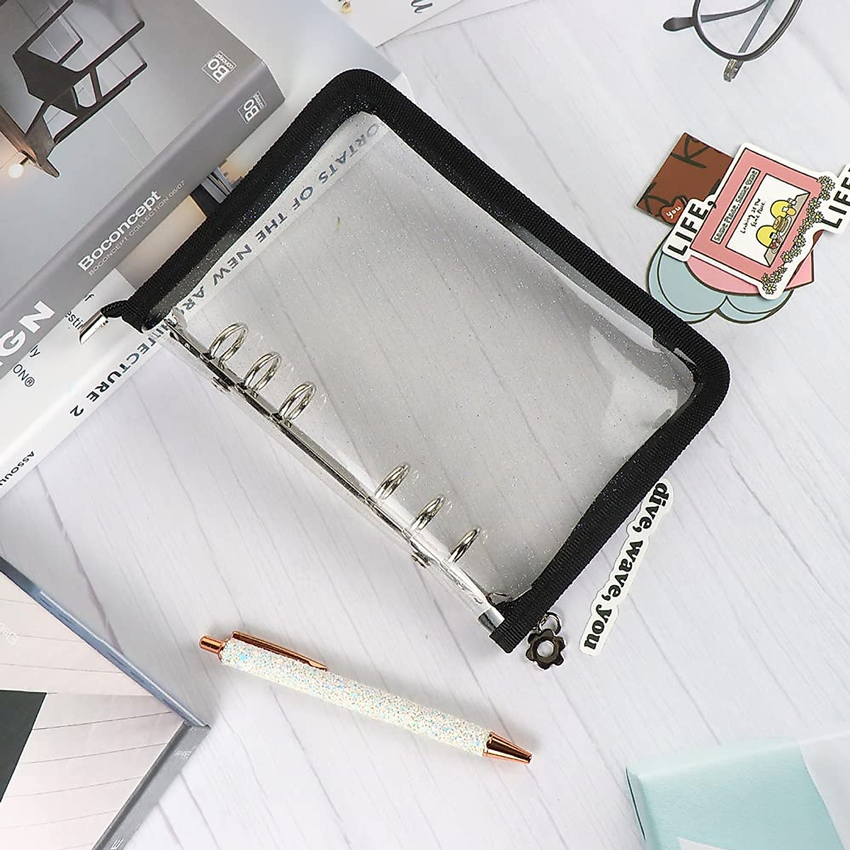 A6 Binder Cover Refillable 6 Ring Notebook Binder Clear Soft PVC Zipper Binders Folder for 6 Hole Filler Paper Personal File Organizer Planner(Black Zipper Closure)