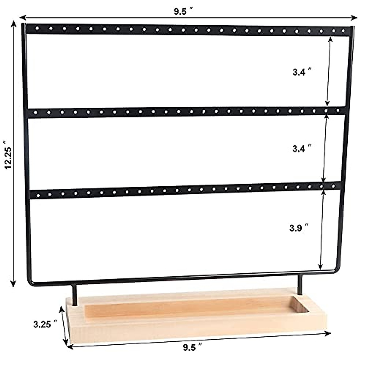 sovia Earring Organizer 3-Tier 75 Holes Jewelry Organizer Display Stand,Metal Earring Holder with Wood Basic stand,Necklace holder Storage Tray for Ring,Earrings,Ear Stud,Bracelets(Black)