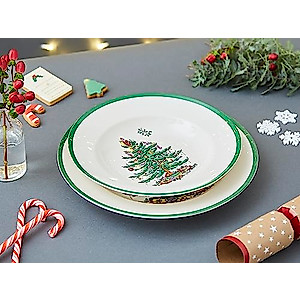 Spode Christmas Tree 9" Soup Plate (Set of 4) - Stoneware Soup Bowls with Festive Tree Design & Green Rim, Ideal for Serving Soup, Pasta, Salad - Microwave & Dishwasher Safe Holiday Dinnerware
