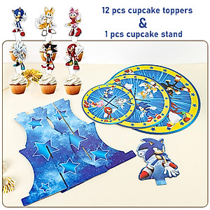 Cupcake Stand for Sonic Birthday Party Supplies with 12pcs Sonic Cake Toppers, Sonic Cupcake Holder for Birthday Decorations,3 Tier Cupcake Stand for 24 Cupcakes, Blue Dessert Stand for Kids Cake