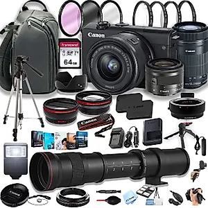 Canon EOS M200 Mirrorless Digital Camera with 15-45mm f/3.5-6.3 is STM Lens + 55-250mm f/4-5.6 is STM Lens + 420-800mm Super Telephoto Lens + 64GB Memory Card, Professional Photo Bundle (44pc)