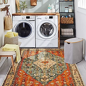 Boho Area Rug, 4' x 6' Machine Washable Rugs for Entryway Faux Wool Large Rugs Distressed Throw Rug Non-Slip Floor Carpet for Indoor Bedroom Kitchen Living Room