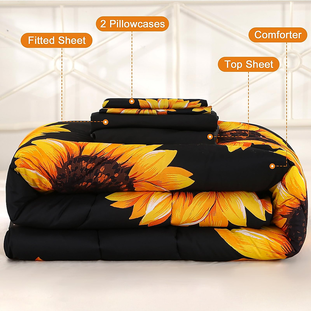 Wowelife Sunflower Bedding Set Sunflower Full Size Comforter Sets, 5 Piece Floral Bag in a Bag, Premium Sunflower Single Bed Set for Girls with Comforter, Flat Sheet, Fitted Sheet and 2 Pillowcases