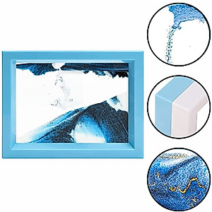 FUNJIA Moving Sand Art Picture, 3D Deep Sea Sandscape in Motion Display, Flowing Sand Art Decor for Sensory Calming Fidget, Desktop Home Office Work Decor (Blue)