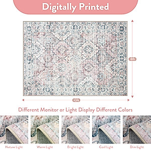 LIVEBOX Washable Rugs 8x10 for Girls Bedroom, Light Pink Area Rugs for Girls Room, Soft Non-Shedding Boho Living Room Rugs, Low-Pile Floral Rug Faux Wool Bedroom Rug 8x10 Under Bed, Blush/Blue