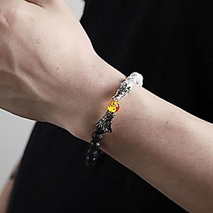 tqyzkh Bead Bracelets for Men and Women Natural Black Lava & White Howlite Buddha Dragon Beaded Stone Bracelet Good Luck Charm Jewelry Gift Adjustable