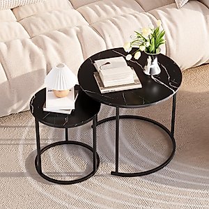 RRG Coffee Table Nesting Black Set of 2 Side - Black Frame and Round Black Marble Wood Table, Industrial End Table Side Tables for Living Room Bedroom Apartment Balcony Yard, Black Marble