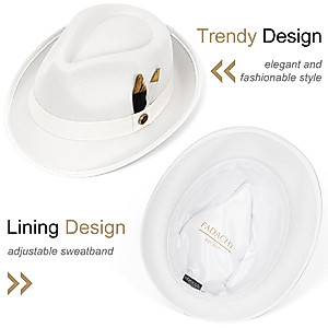 FADACHY Fedora Hats for Men & Women Short Brim Felt Hat Trilby Fedora with Feather Panama Dress Hat White Fedora M-L
