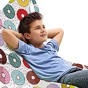 Lunarable Dessert Lounger Chair Bag, Colorful Donuts Pattern with Various Sprinkles on a Background of Polka Dots, High Capacity Storage with Handle Container, Lounger Size, Multicolor