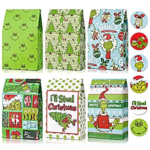 AnyDesign 48Pcs Christmas Treat Goodie Bag 6 Design Christmas Paper Gift Bag with 48Pcs Stickers Funny Cartoon Character Party Favor Bags Candy Bags for Snacks Cookie Wrapping Supplies