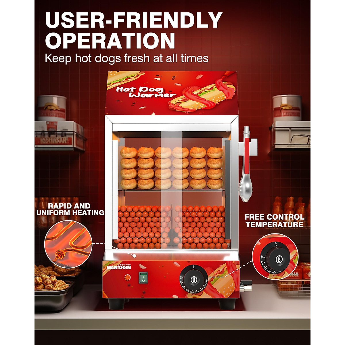 WantJoin Hot Dog Steamer, 2 Tiers Electric Hot Dog Steamer with Bun Warmer 27 L/24.52 QT, Visuable Glass Slide Doors Suit for 175 Hot Dogs and 40 Buns, Red