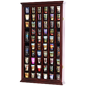 DisplayGifts Solid Wood Shot Glass Shooter Display Case Holder Cabinet Wall Rack Hinged Glass Door 56 Slot Cherry Finish
