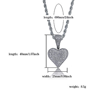 JINAO Iced Out Club Diamond Heart Spade Playing Cards Simulated Lab diamonds Pendant Necklace (Heart-Silver)
